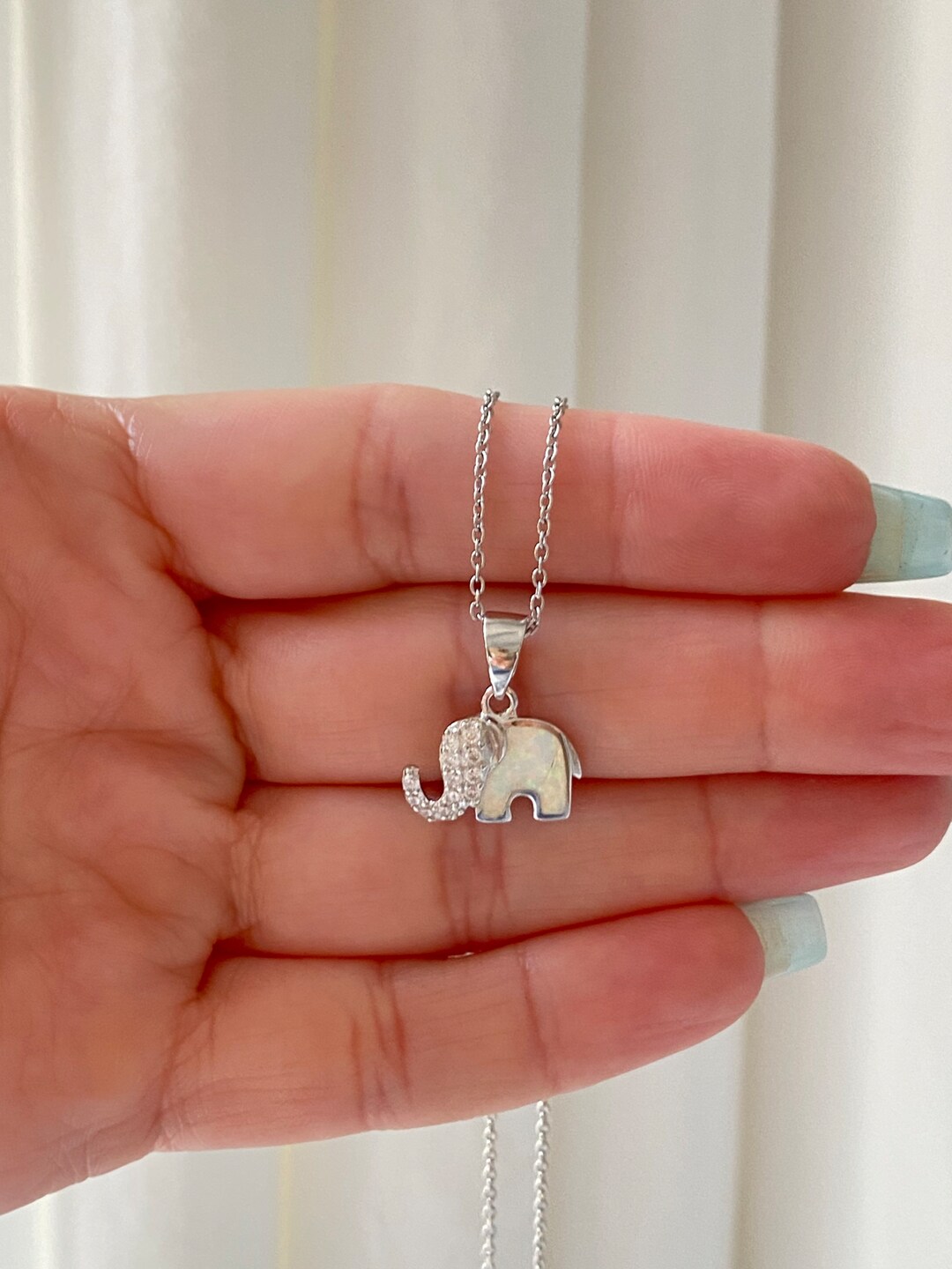 White Opal Elephant Necklace. CZ Elephant Necklace. White Opal Sterling ...