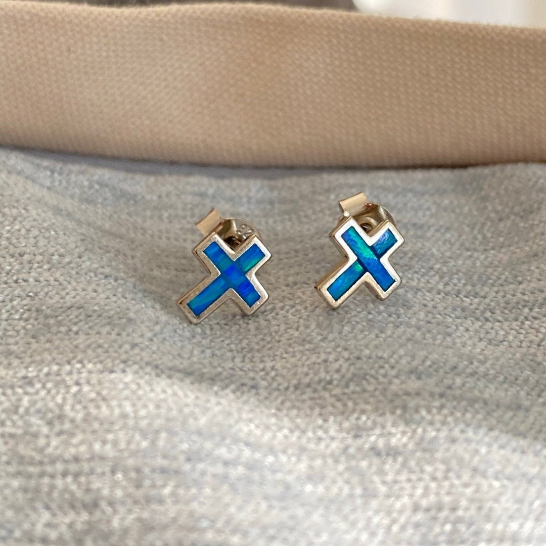 Blue Opal Cross Stud Earrings. Cross Stud Earrings. Delicate Silver ...