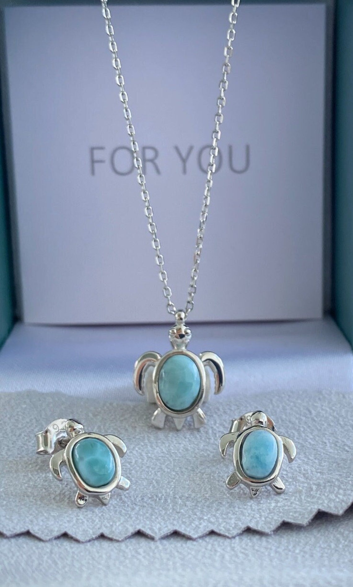 Natural Larimar Silver Jewelry Set. Turtle Larimar Necklace. Turtle ...