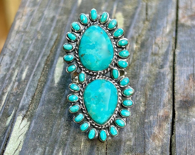Genuine Turquoise BIG Ring Turquoise and Silver Gorgeous Ring Southwestern Jewelry Gift for Her ...