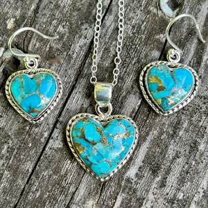 Genuine Turquoise Copper Matrix Heart Pendant and Earring Set 925 ...