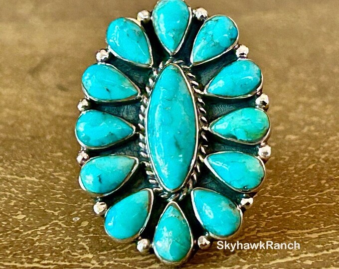 Genuine Turquoise Silver Cluster Ring Southwest Style Squash Blossom ...