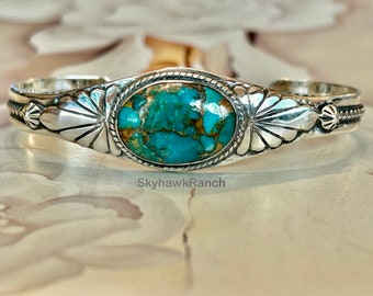 Genuine Turquoise Copper Matrix Bracelet Cuff 925 Silver Turquoise ...