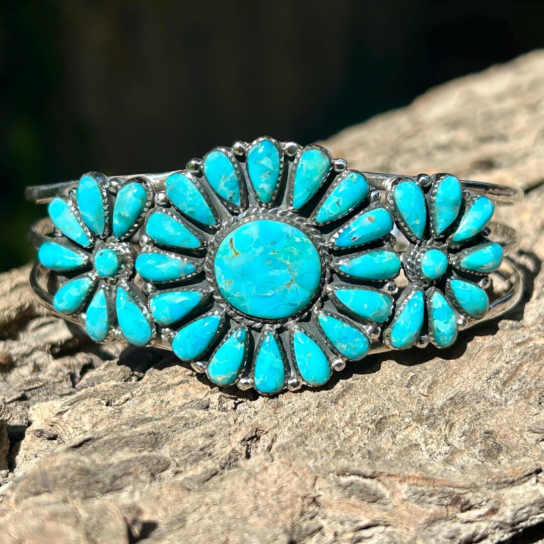 Genuine Turquoise Cluster Bracelet 925 Sterling Silver Cuff Bracelet ...