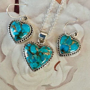Genuine Turquoise Copper Matrix Heart Pendant and Earring Set 925 ...