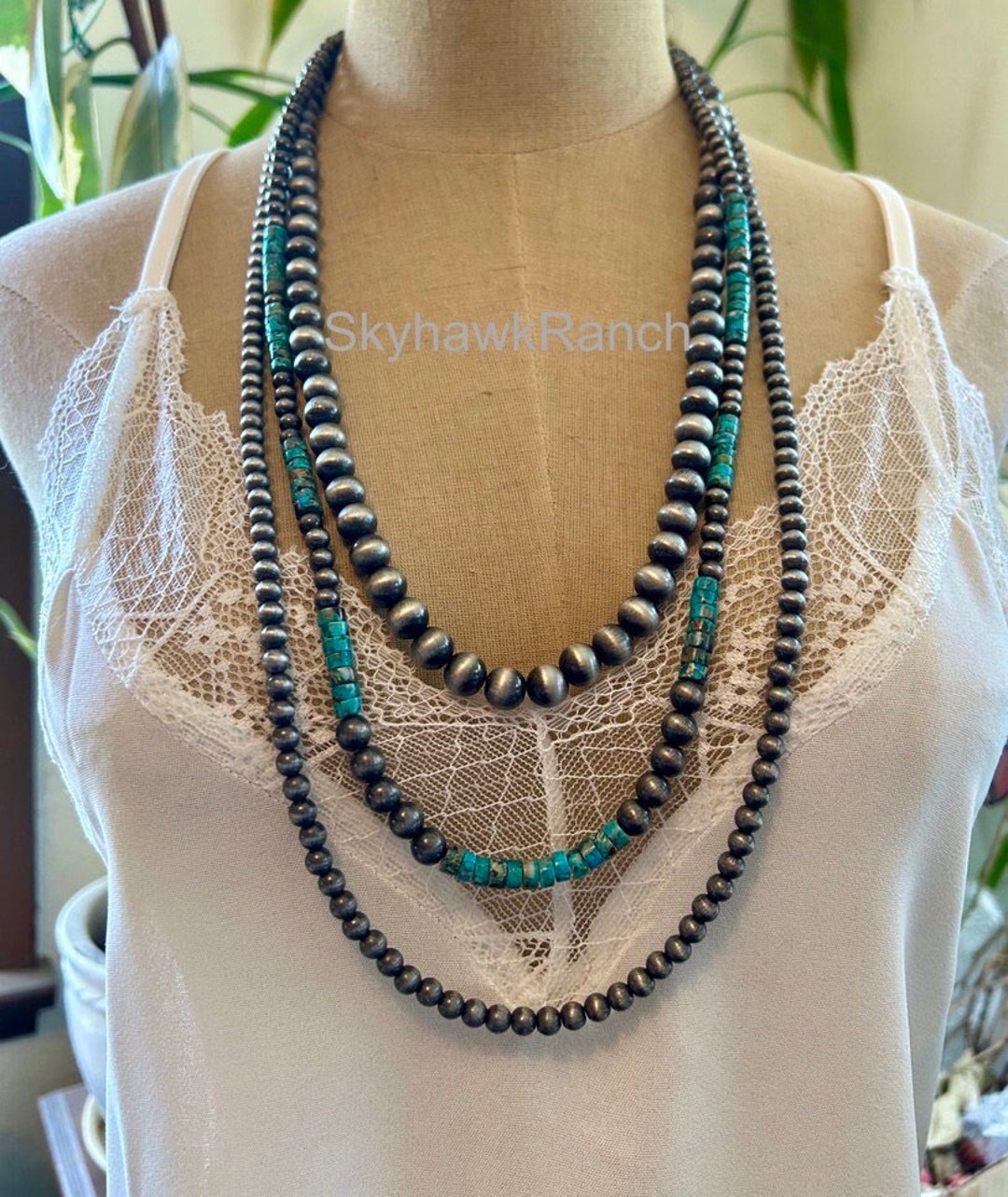Long 3 Strand Turquoise Necklace, Silver Style Pearls, Southwestern ...