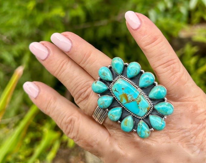 Kingman Turquoise Cluster Ring Sterling Silver Turquoise Big Ring ...