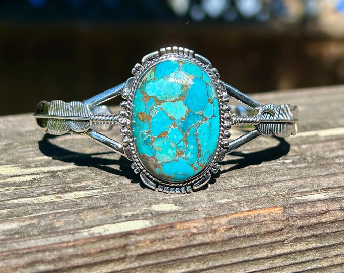 Genuine Turquoise Copper Matrix Feather Bracelet Turquoise Cuff 925 ...