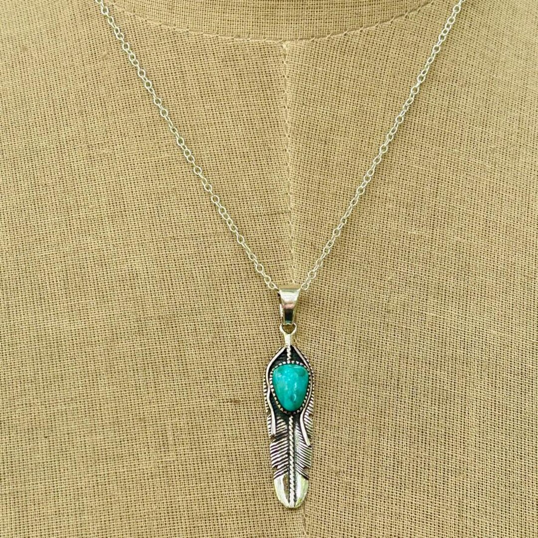 Genuine Silver Turquoise Feather Necklace Pendant Genuine Turquoise ...