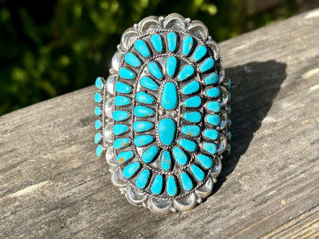 Turquoise Cluster Cuff Sterling Silver Signed Artist Native Made ...