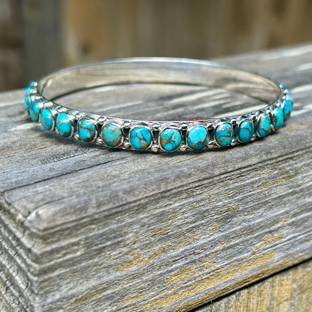 Genuine Turquoise Copper Matrix Bangle Bracelet Sterling Silver ...