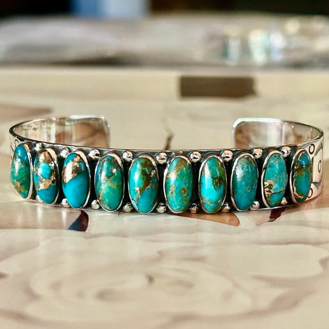 Genuine Turquoise Copper Matrix Bracelet Cuff 925 Silver Turquoise ...