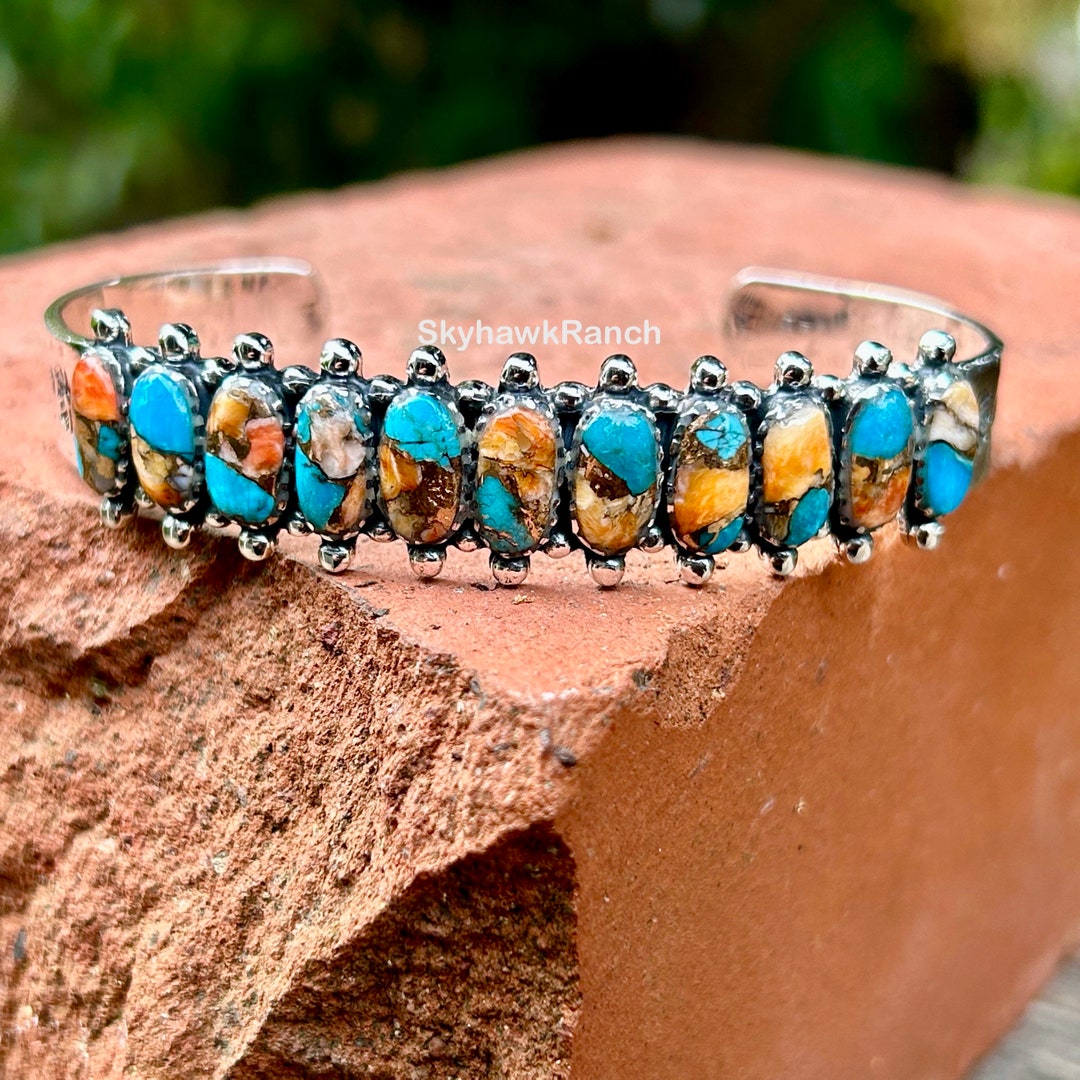 Genuine Turquoise Spiny Oyster Bracelet 925 Silver Turquoise and Spiny ...