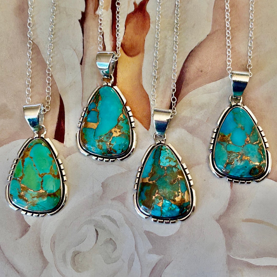 Genuine Turquoise Copper Matrix Necklace/pendant Sterling Silver ...