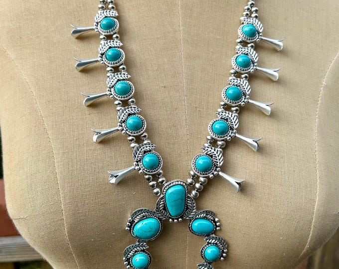 Silver Crown Pendent Squash Blossom Necklace Beaded Chain, Southwest ...