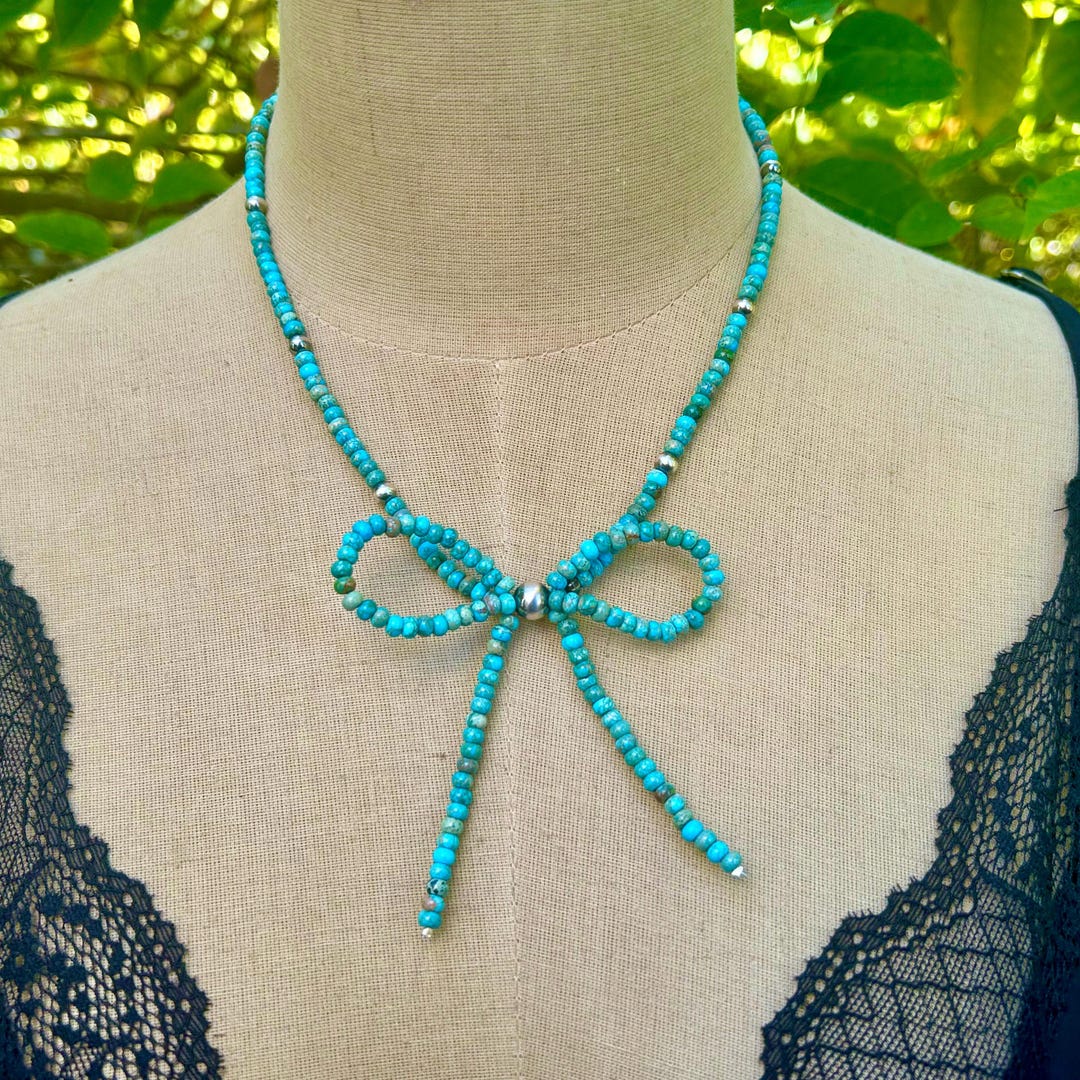 Genuine Turquoise Bow Necklace Rondelle Turquoise Beads With Sterling ...