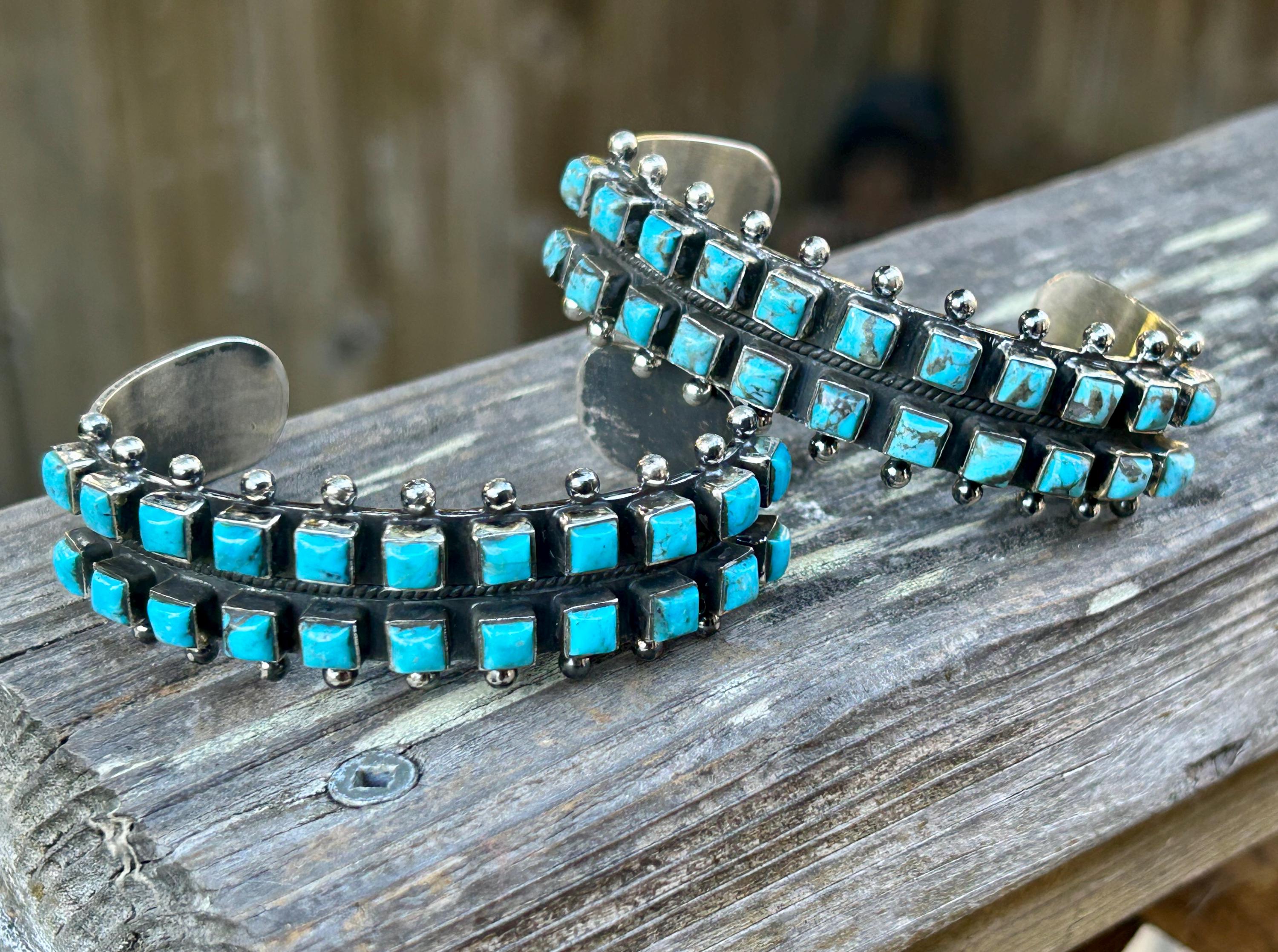 Kingman Turquoise 2 Row Vintage Cuff Sterling Silver Turquoise Bracelet ...