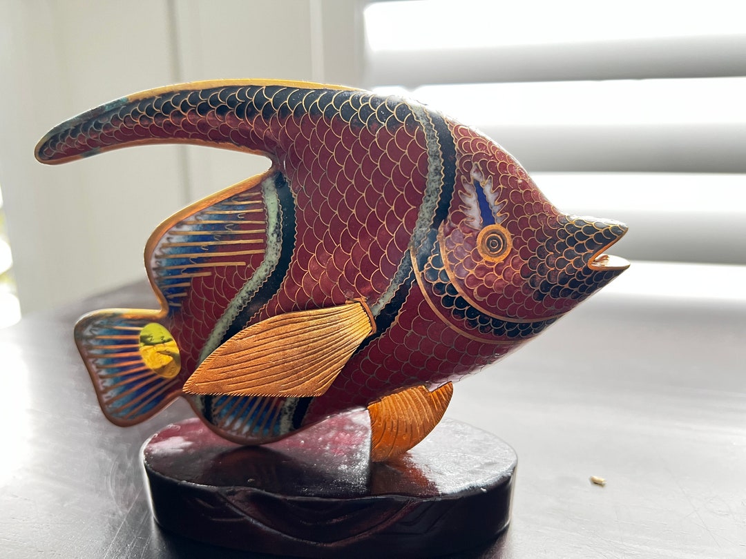 Vintage Chinese Cloisonne Enamel Fish Figure With Original Wooden Stand ...