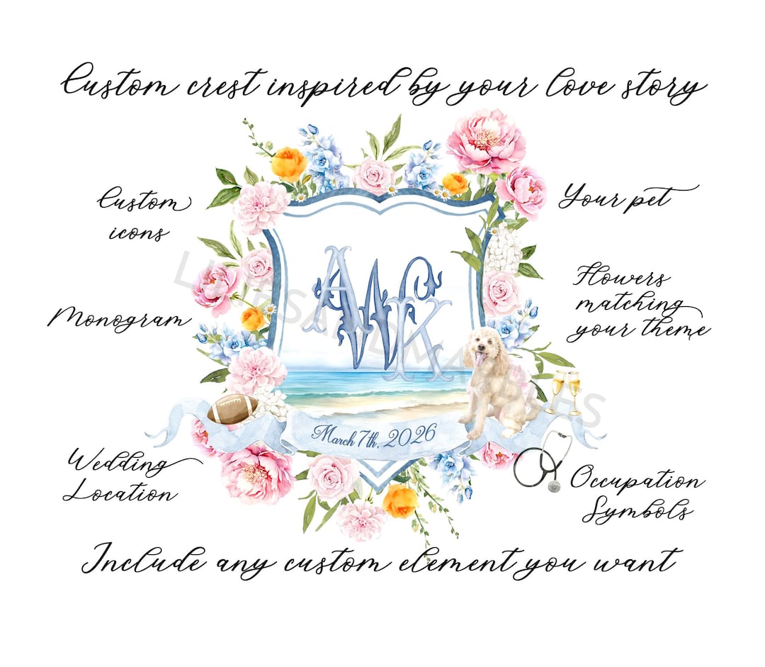 Custom Watercolor Wedding Crest With Florals - Etsy