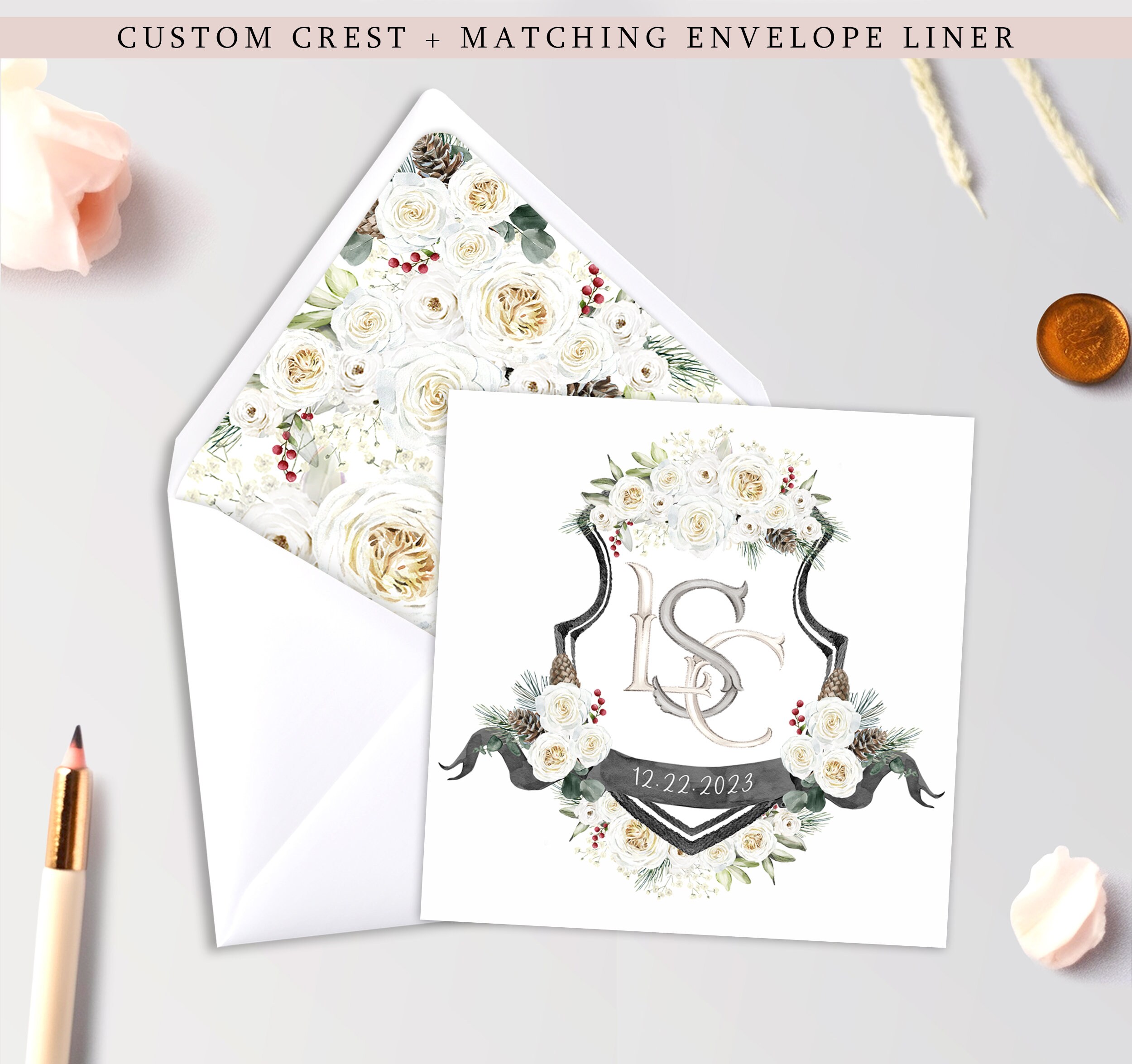 Custom Watercolor Wedding Crest, Christmas Theme, Wedding Monogram - Etsy