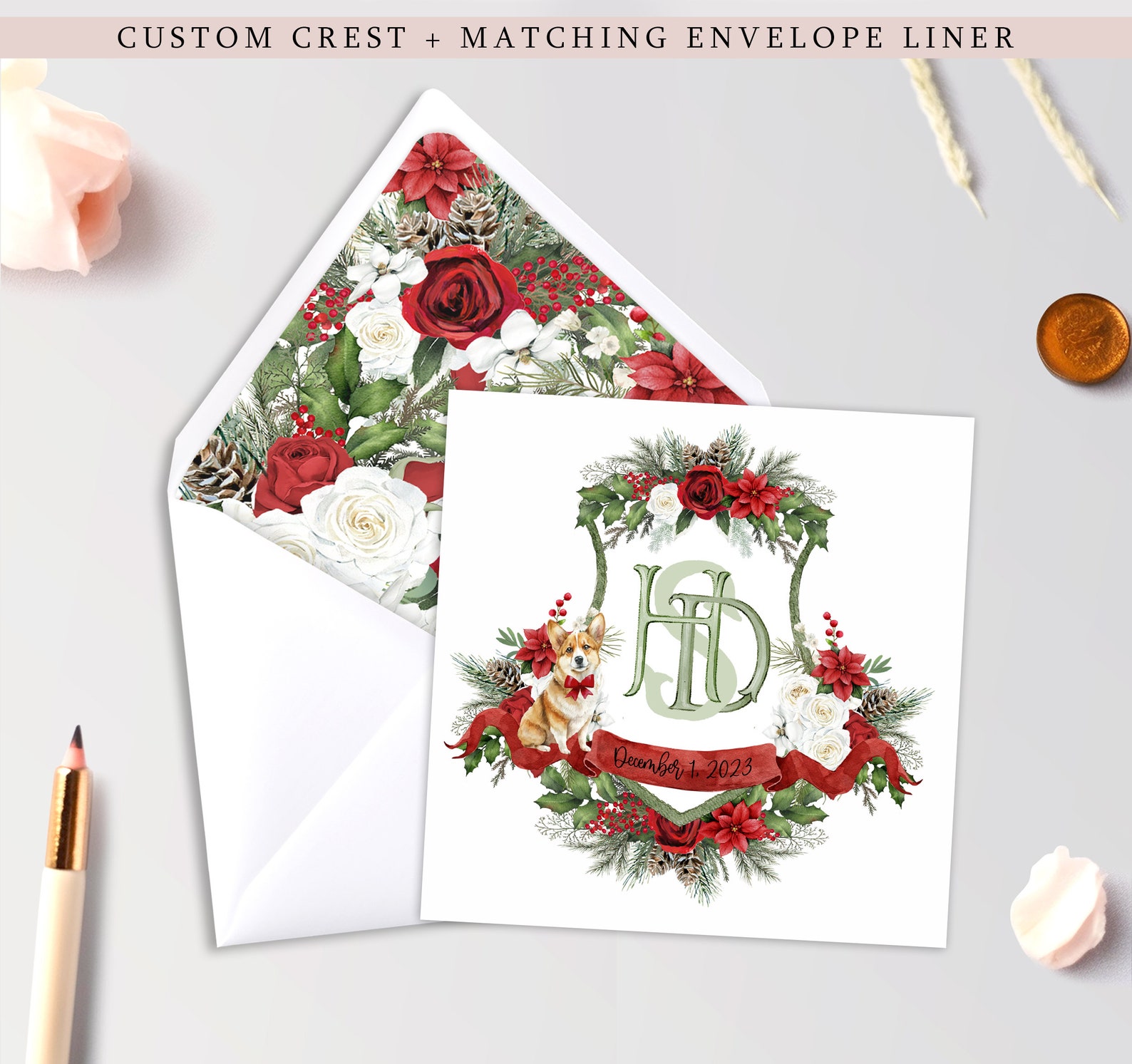 Custom Watercolor Wedding Crest, Christmas Theme, Wedding Monogram - Etsy