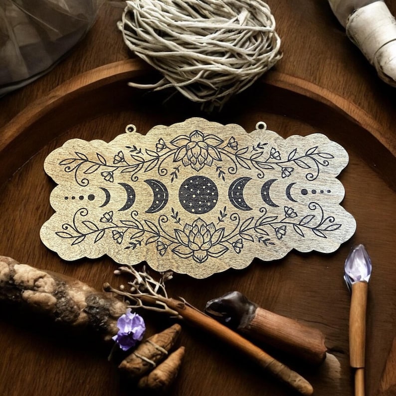 Wooden Moon Phase Wall Hanging – Boho Moon Decor With Floral Design ...