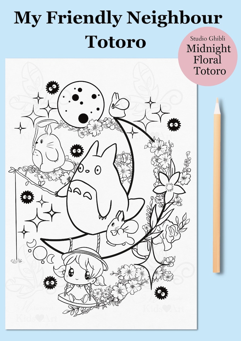 Studio Ghibli Totoro Coloring Page: Midnight Floral Art (printable PDF ...