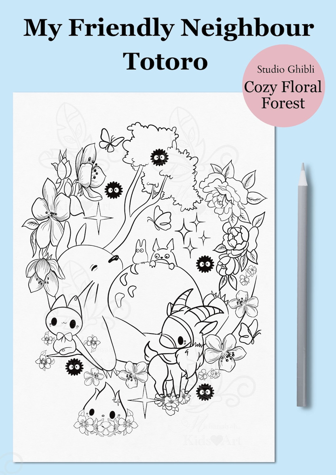 Kolorowanka Totoro: Kwiatowy las, grafika Studio Ghibli (PDF/JPG/PNG ...