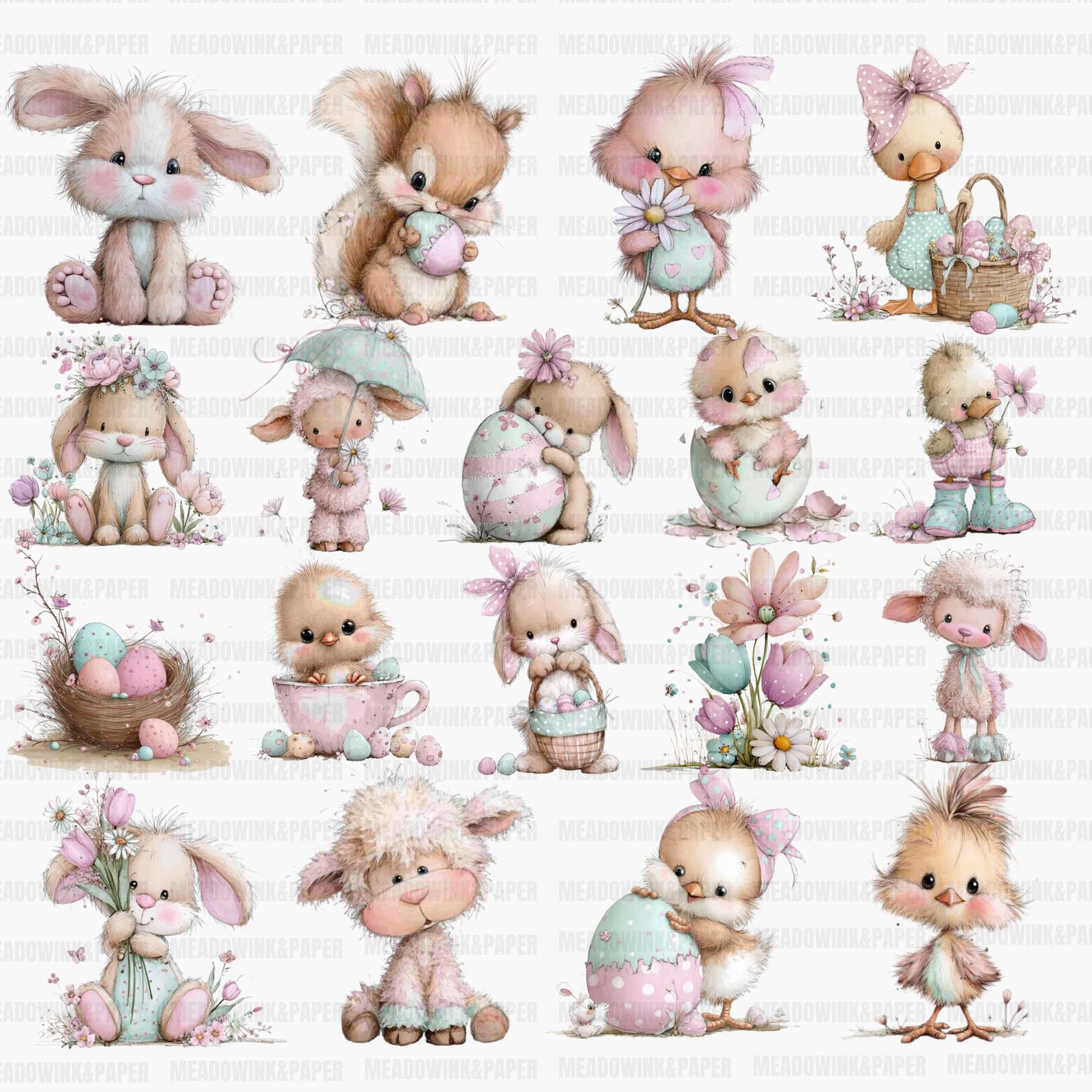 Easter Animal Clipart Bundle, Cute Bunny Chick Lamb PNG, Spring Pastel ...