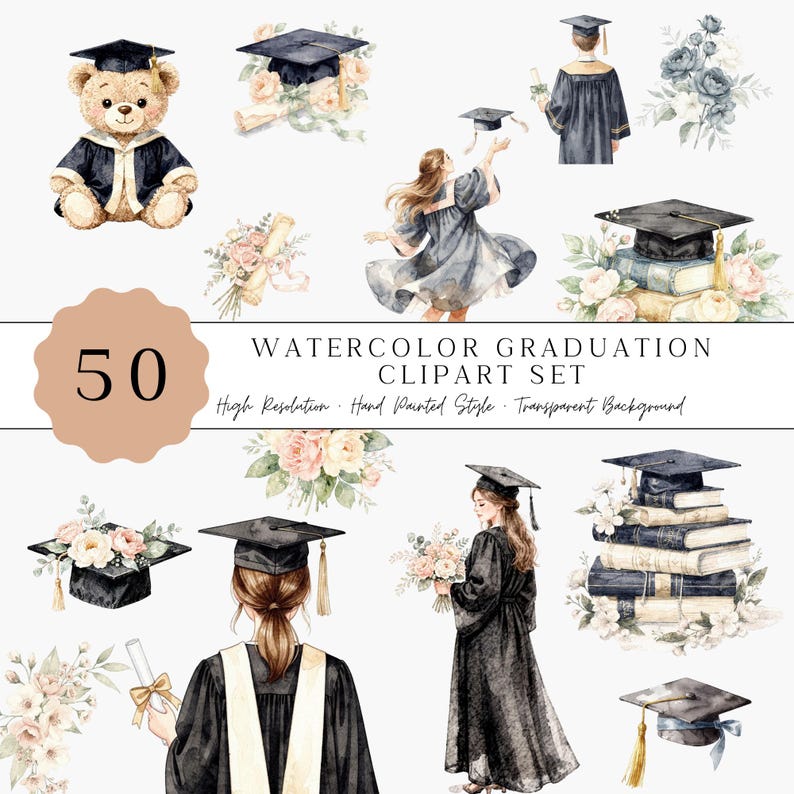 Graduation Watercolor Clipart Bundle PNG, Class of 2026 Graduation ...