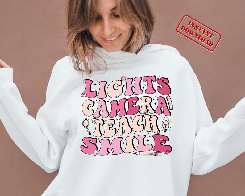 Lights Camera Teach Smile Shirt Png, Groovy Teacher Svg, Funny Teacher ...