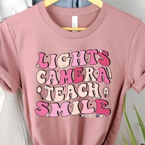 Lights Camera Teach Smile Shirt Png, Groovy Teacher Svg, Funny Teacher ...