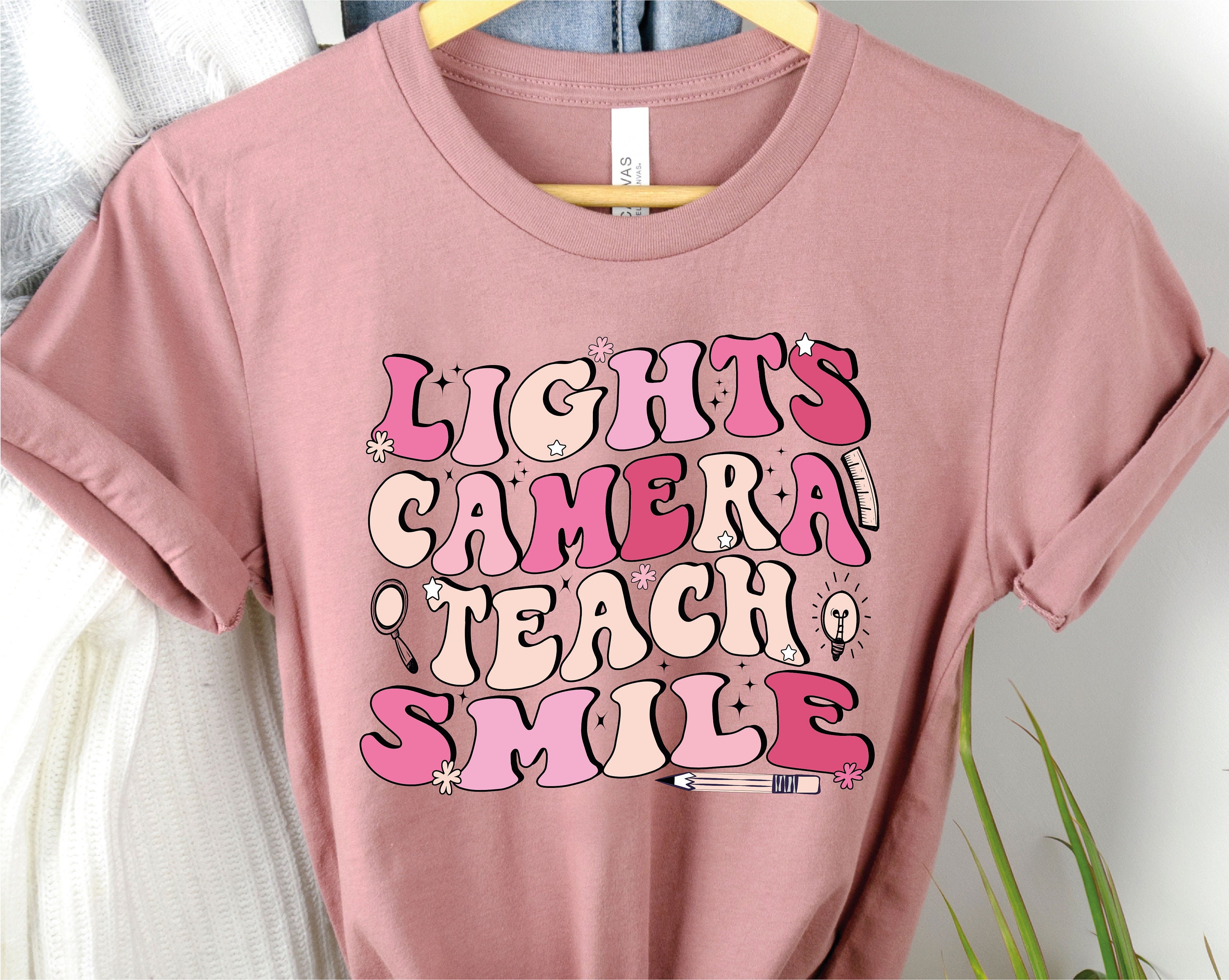 Lights Camera Teach Smile Shirt Png, Groovy Teacher Svg, Funny Teacher ...