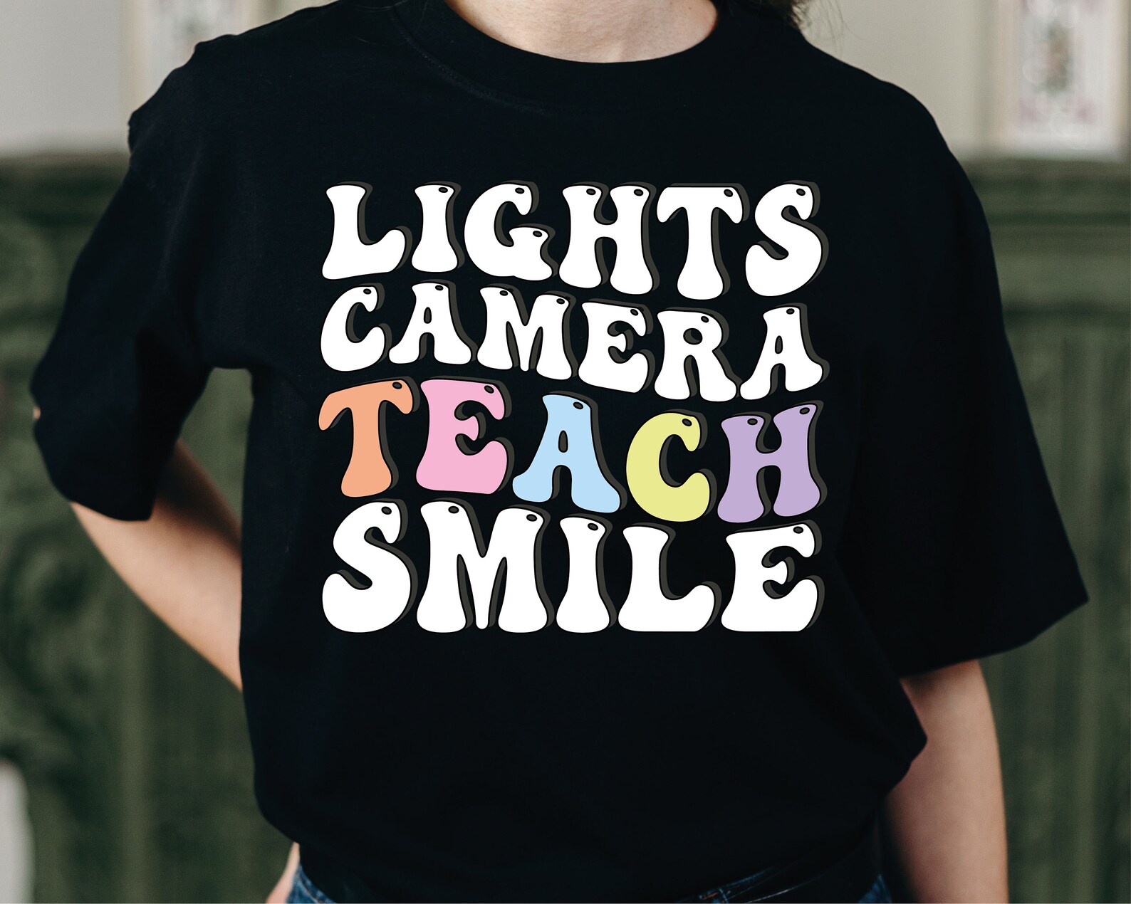 Lights Camera Teach Smile Shirt Png, Funny Teacher Tee, Groovy Teacher ...