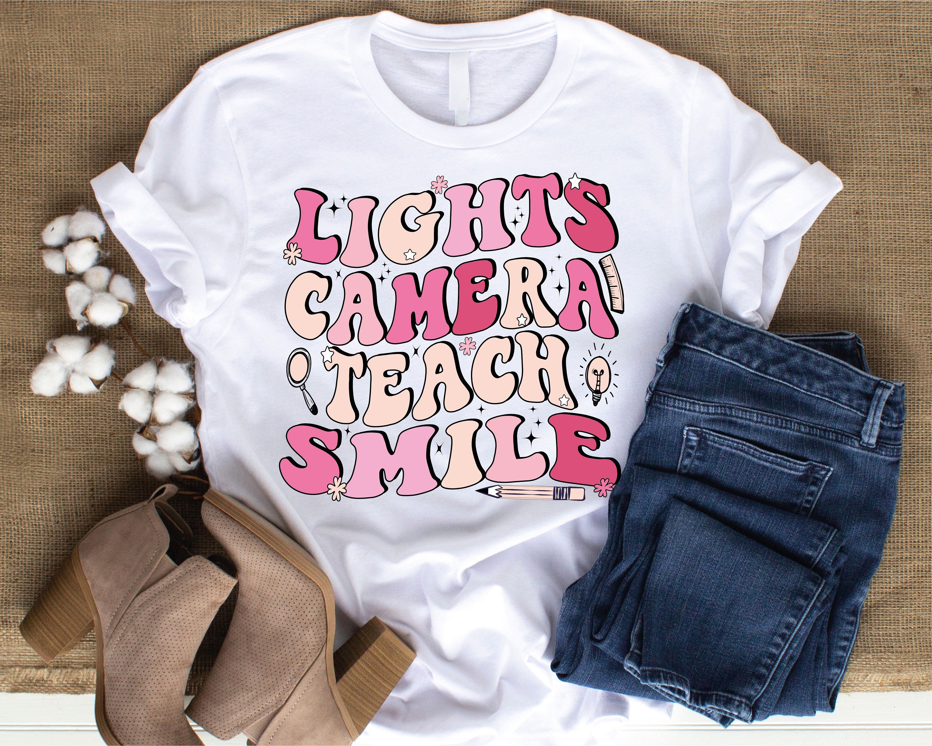 Lights Camera Teach Smile Shirt Png, Groovy Teacher Svg, Funny Teacher Tee, Back to School Svg ...