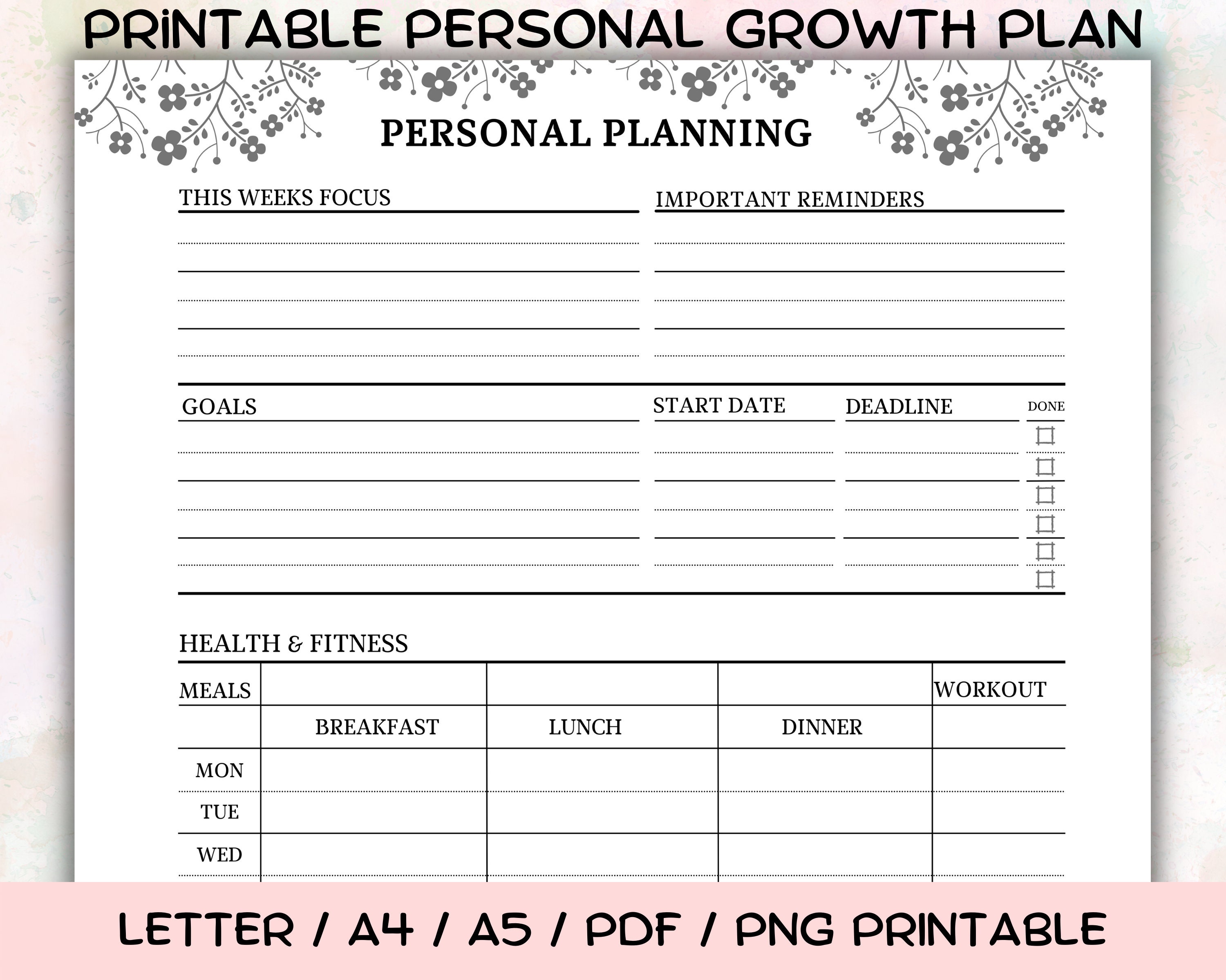 Printable Personal Growth Plan, Meal Planning, Health & Fitness, Habit ...