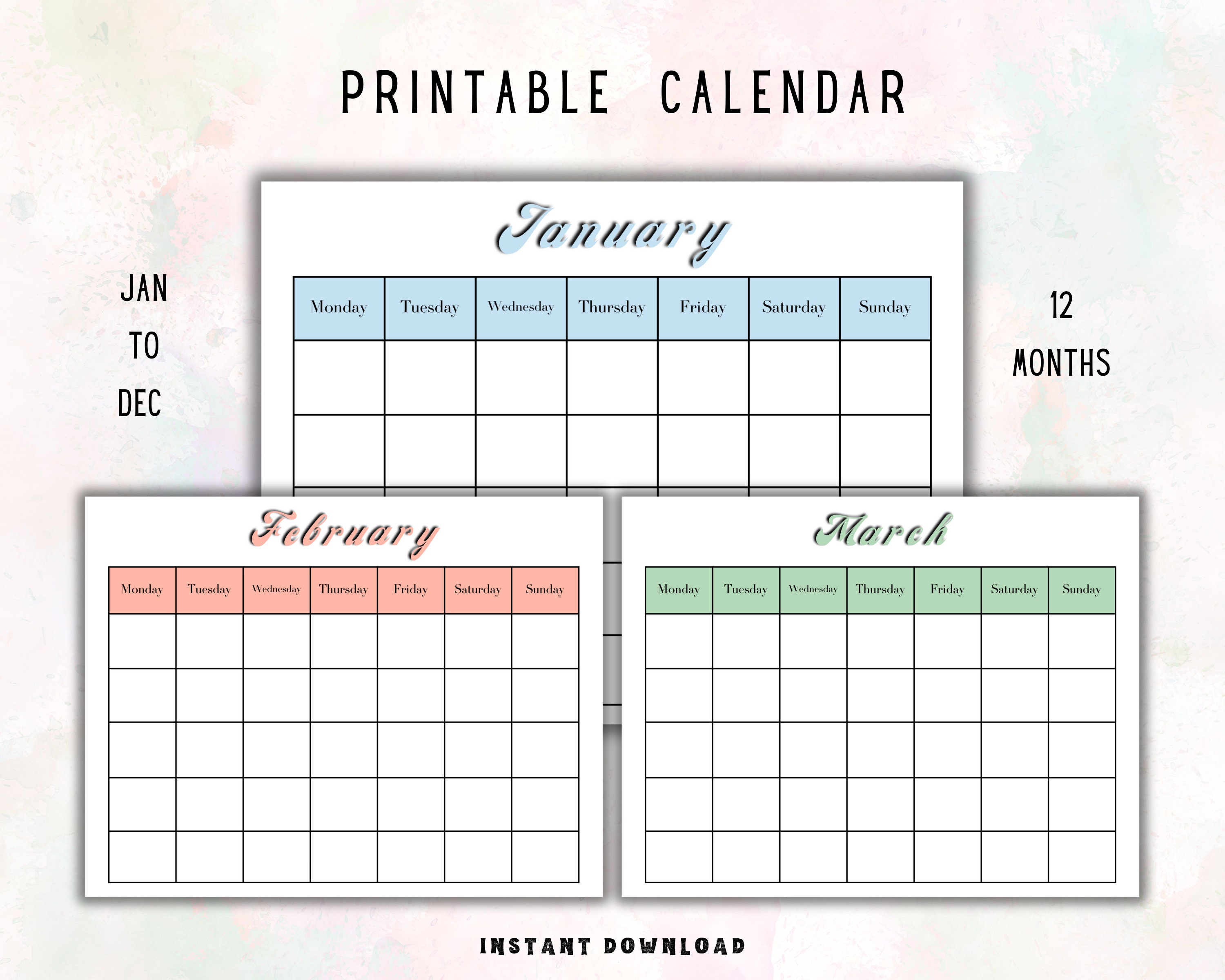 12 Months Printable Calendars, Monthly Calendar, School Calendar, Work ...