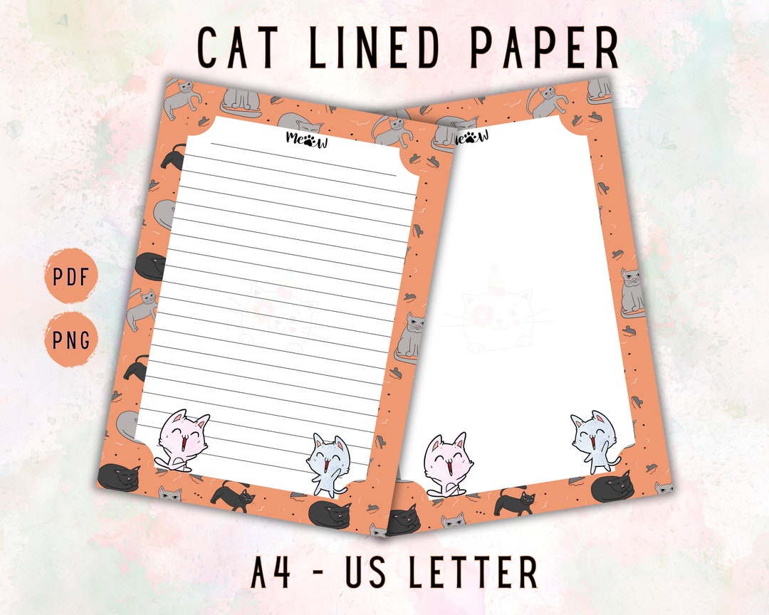 Cat Lover Lined Paper, Cute Cat Printable Stationery, Lined Paper Cat ...