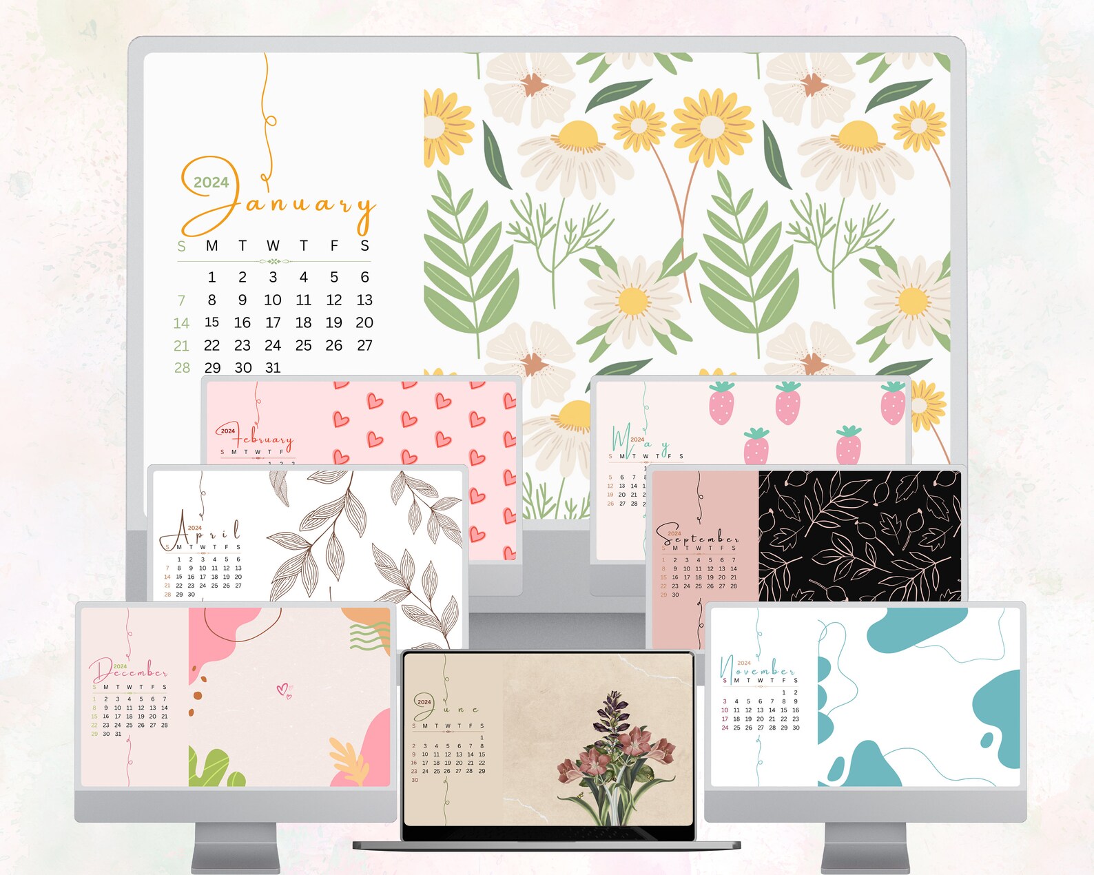 2024 Wallpaper Organizer Floral Patterned Desktop Desktop Calendar ...