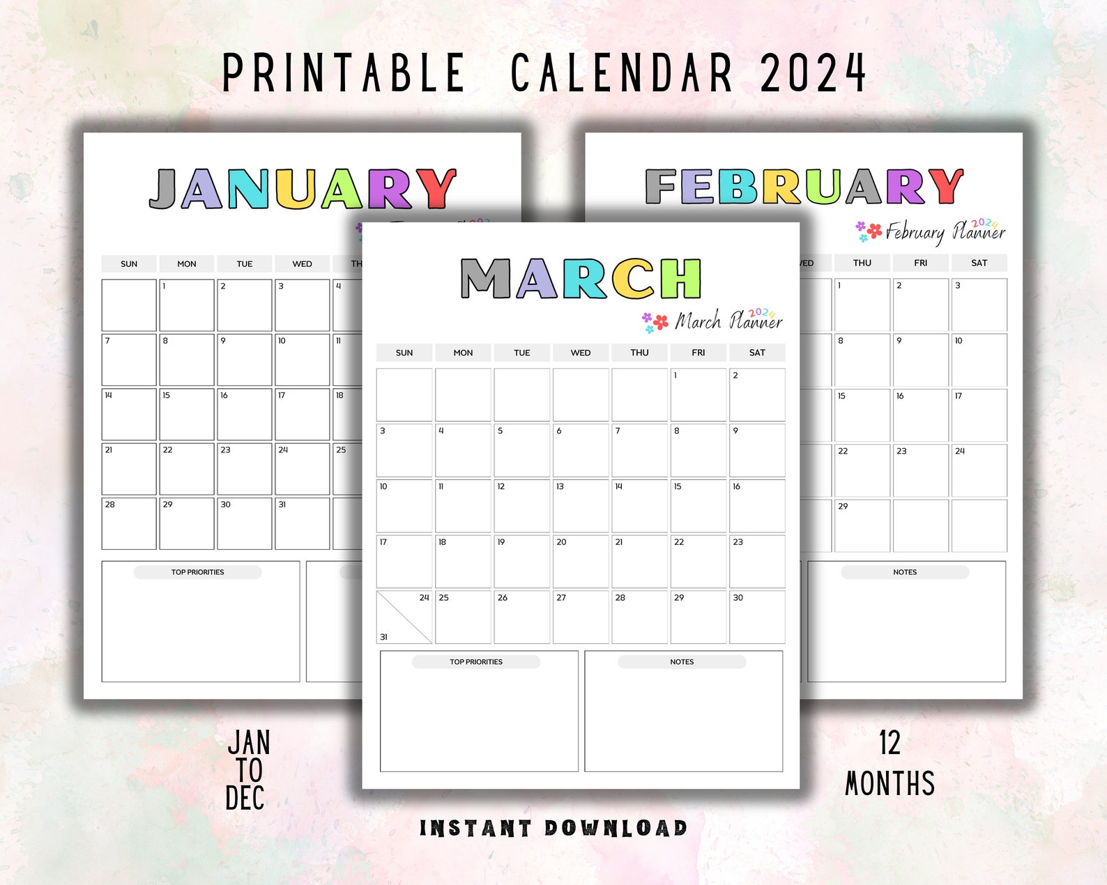 2024 Printable Monthly Calendar, US Letter & A4, Yearly 2024 Calendar ...