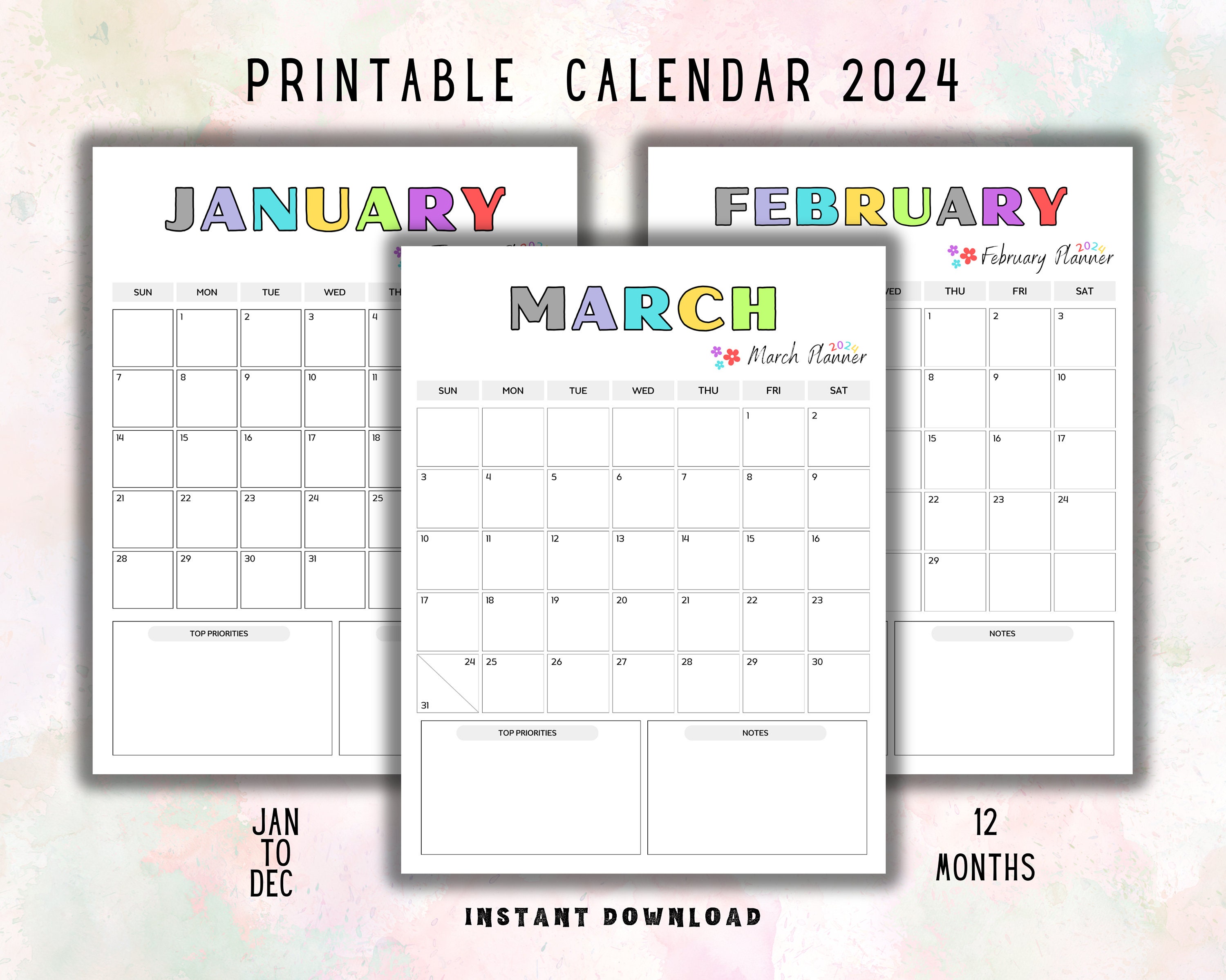 2024 Printable Monthly Calendar, US Letter & A4, Yearly 2024 Calendar ...
