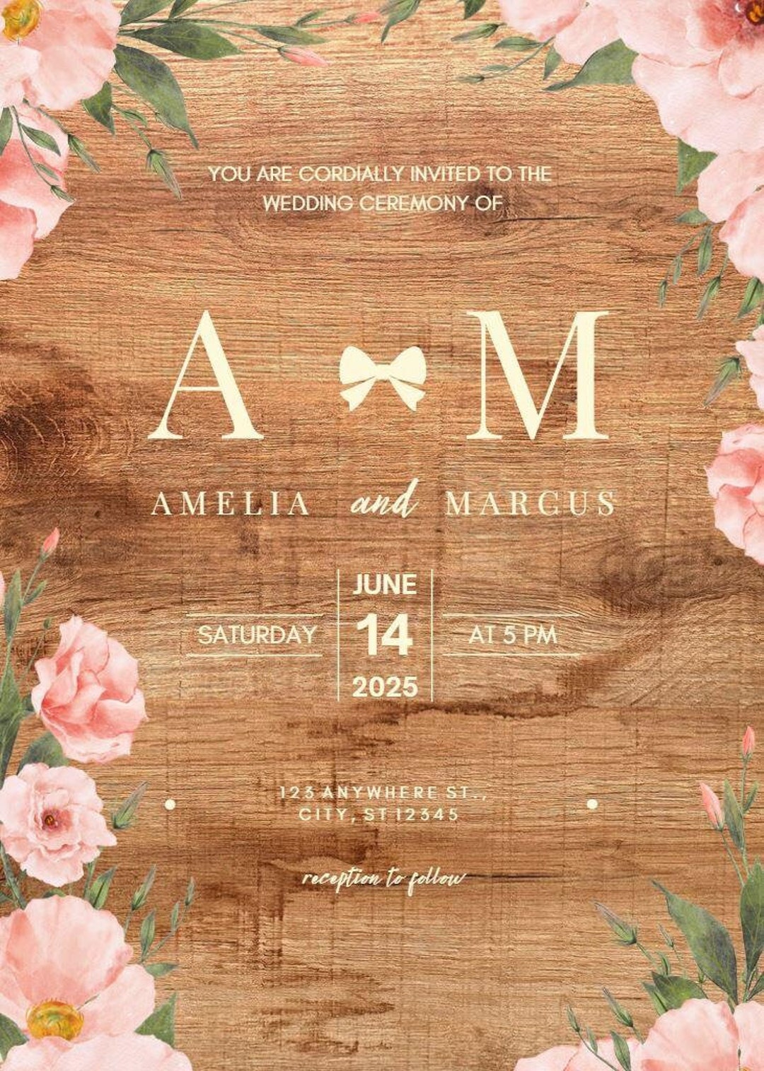 Boho Western Wedding Invitation Downloadable Template, Wood and Flowers ...