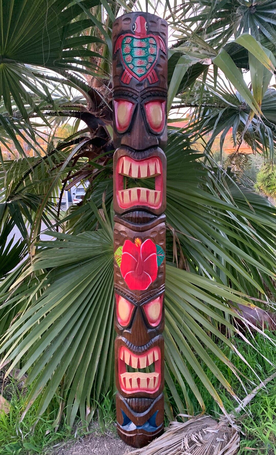 Tiki Totem Wood Mask Hibiscus and Honu Tropical Bar Patio Décor 5 Ft. X ...