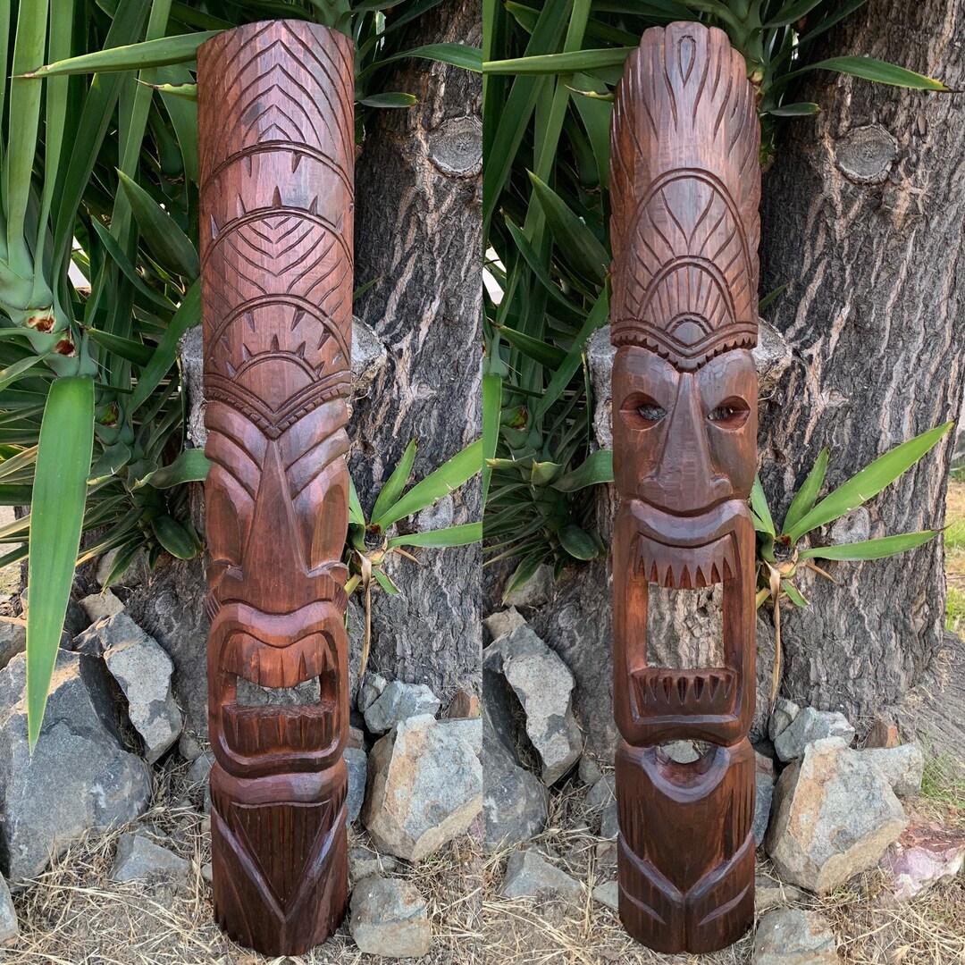 2 Set of Hand Carved Hawaiian Style Tiki Totem Wooden Mask 39x 6in - Etsy