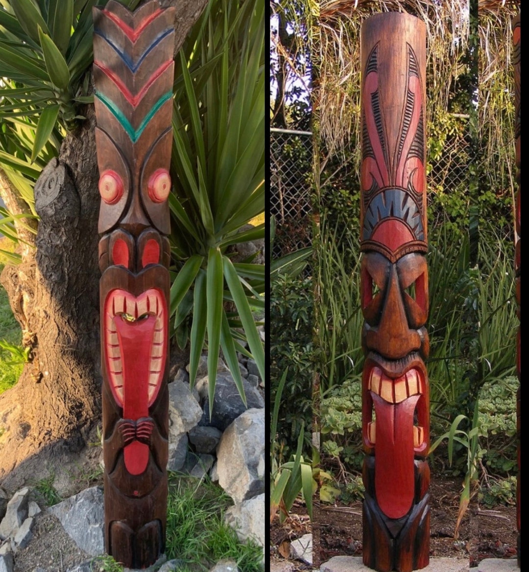 5 Foot Set of Hand Carved Wooden Tiki Tongue Masks Tropical Bar Patio ...