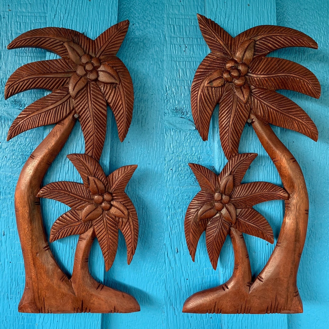 Wooden Palm Tree Wall Plaques, Set of 2, Tropical Decor, 16x 7 Inches ...