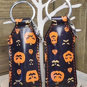 Handmade Leather Halloween Pumpkin Theme Chapstick Keychain, Lip Balm ...