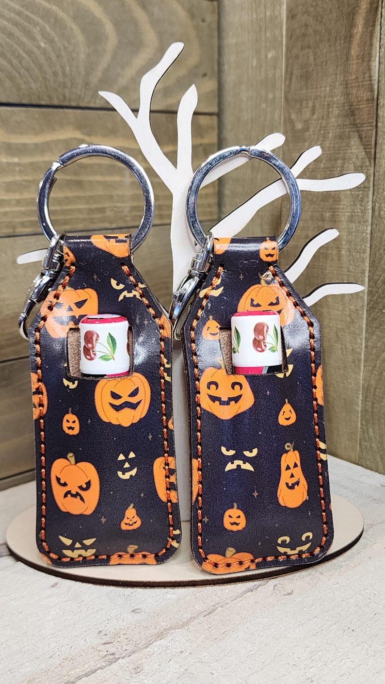 Handmade Leather Halloween Pumpkin Theme Chapstick Keychain, Lip Balm ...