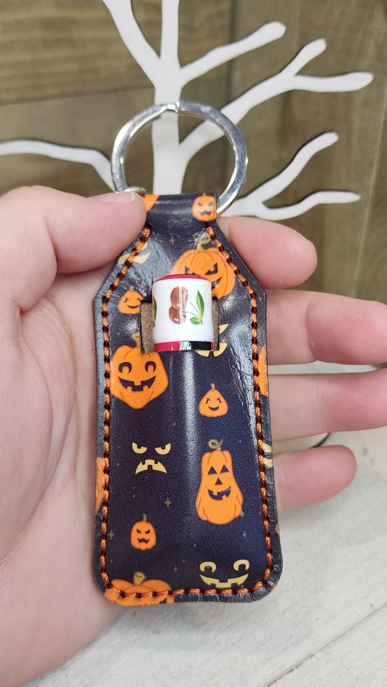 Handmade Leather Halloween Pumpkin Theme Chapstick Keychain, Lip Balm ...