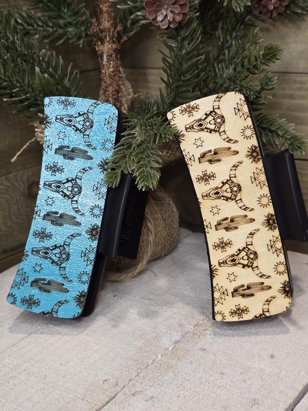 Hair Claw Clip, Cactus and Cow Skull Engraved Wood Hair Claw Clip ...